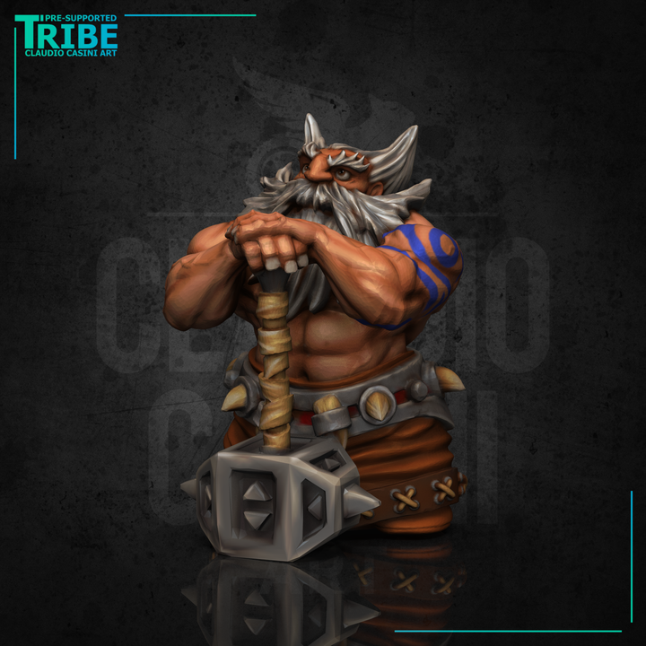 3D Printable (0134 Colors) Male dwarf barbarian warrior with two hands hammer by Claudio Casini Art